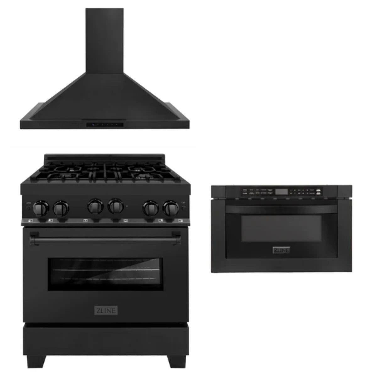 ZLINE 30" & 36" Kitchen Packages with Black Stainless Steel Gas Range ...